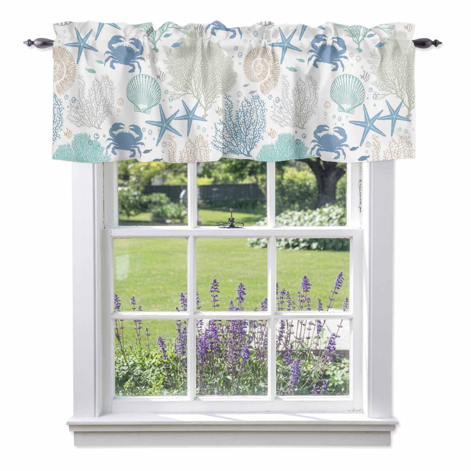 Coastal Blue Crab Window Valance for Kitchen, Summer Starfish Shell ...