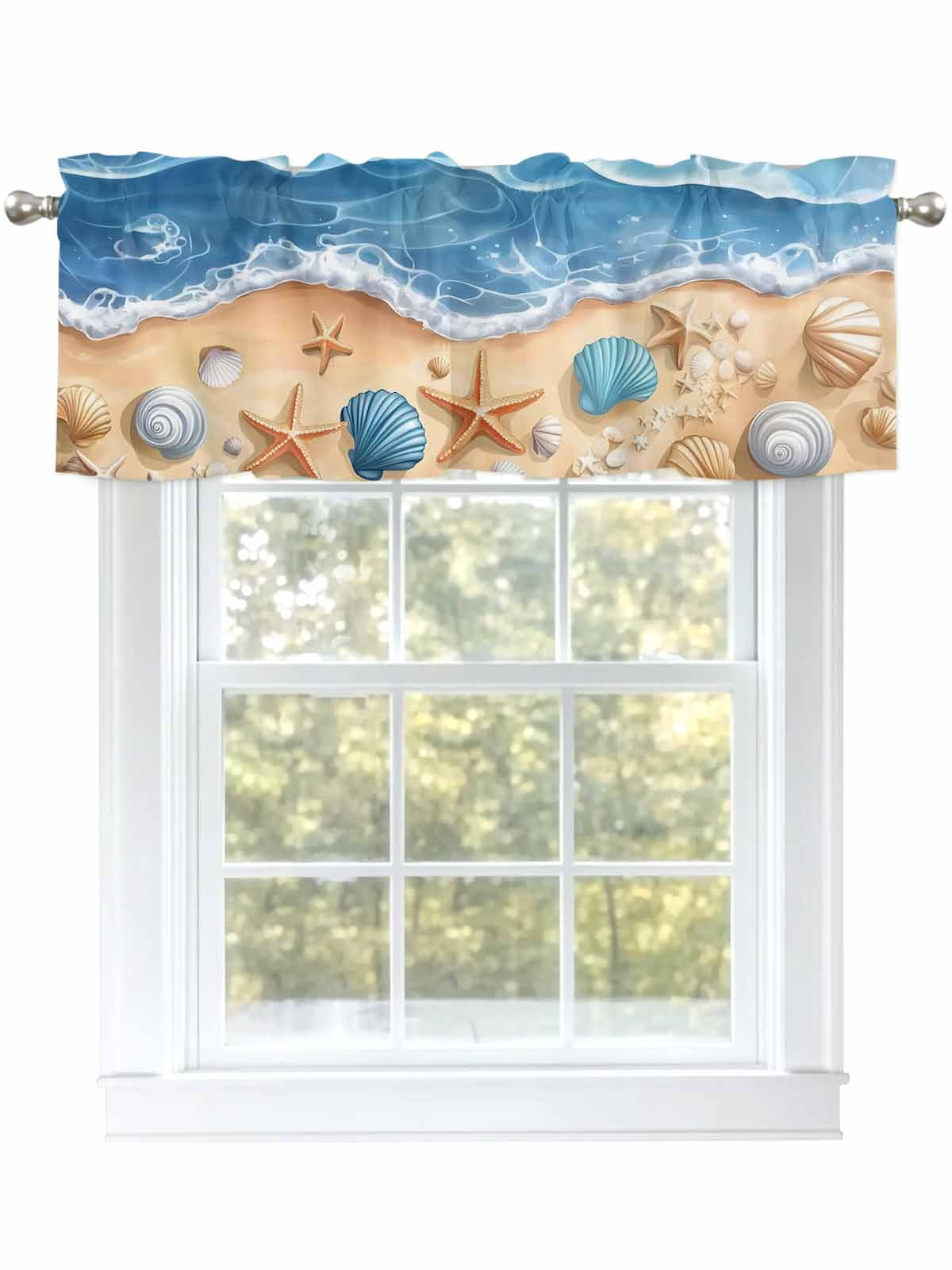 Coastal Blue Curtain Valances for Windows, Cartoon Ocean Starfish Shell ...
