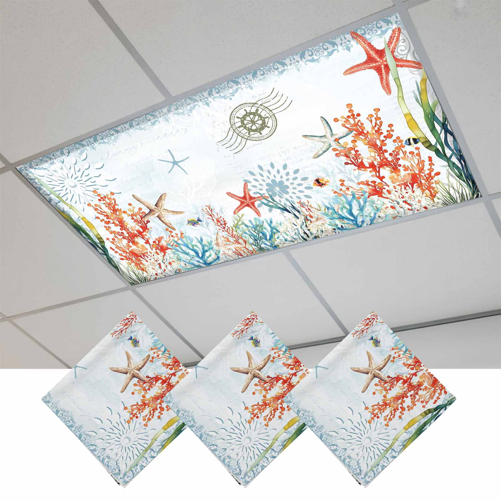 Coastal Blue Fluorescent Light Covers, Ocean Coral Starfish Shell ...