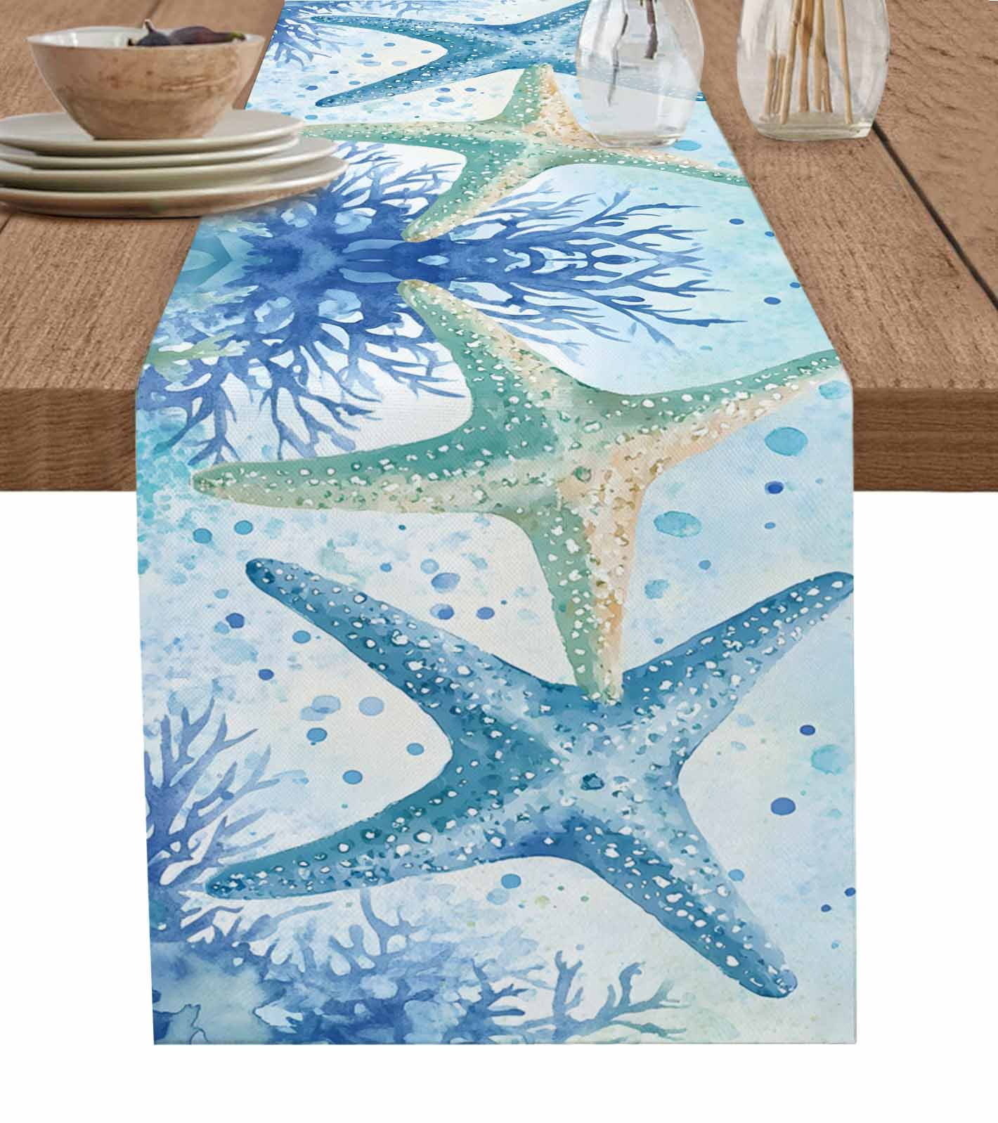 Coastal Blue Green Starfish Burlap Cotton Table Runner 18x72 Inches ...