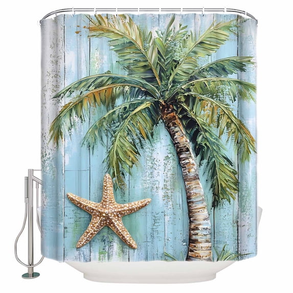 Coastal Blue Green Tree Bathroom Shower Curtains with 12 Hooks ...