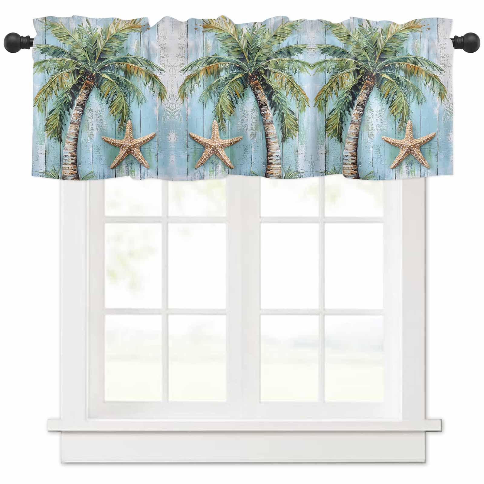 Coastal Blue Green Tree Valances for Windows Farmhouse Kitchen Curtains ...