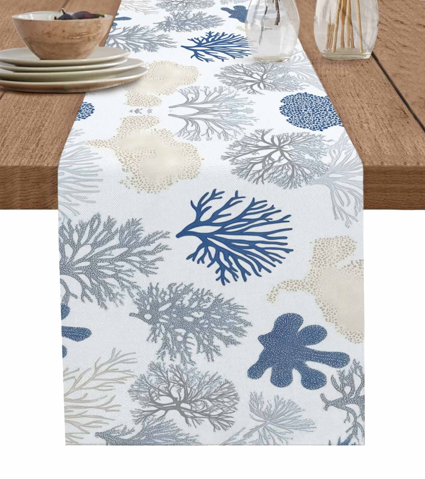 Coastal Blue Grey Coral Table Runner 90 Inches, Summer Watercolor Ocean ...