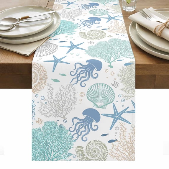 Coastal Blue Jellyfish Cotton Linen Table Runner Summer Starfish Shell ...