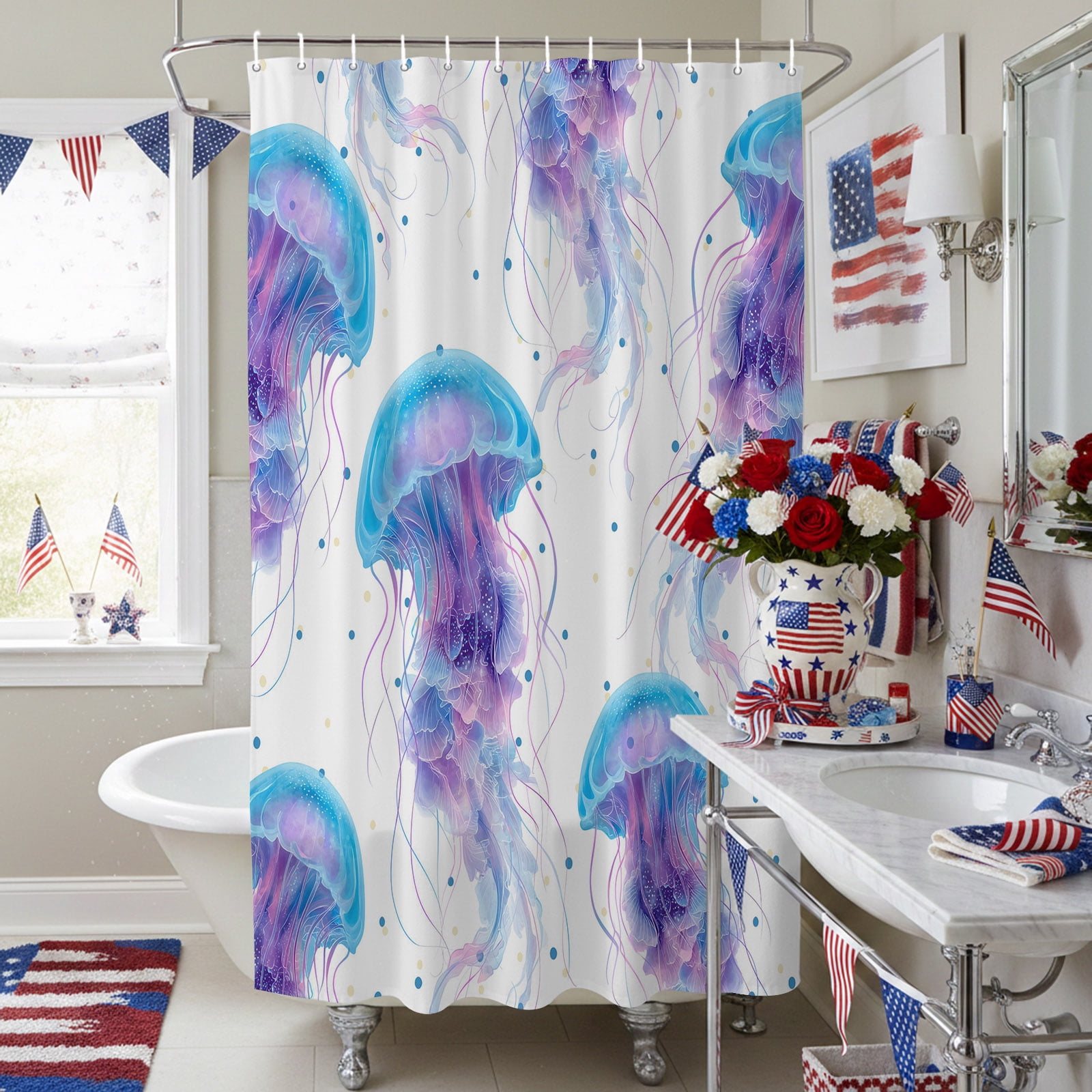Coastal Blue Jellyfish Shower Curtain for Bathroom, Watercolor Marine ...