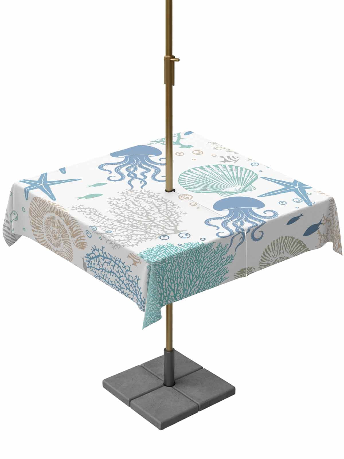 Coastal Blue Jellyfish Square Outdoor Tablecloth with Umbrella Hole ...