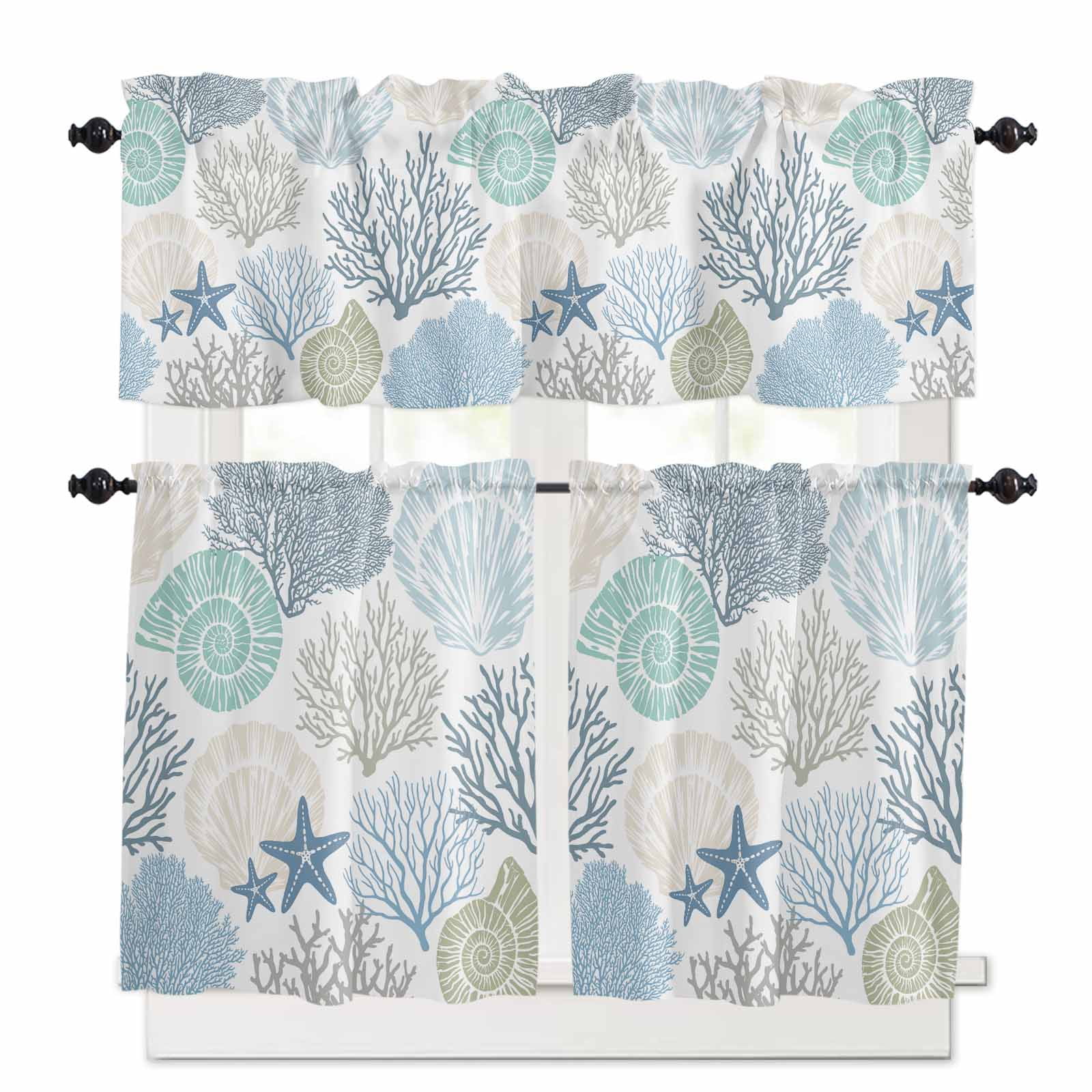 Coastal Blue Kitchen Curtains Set for Windows 3 Pieces,36 Inch Length ...