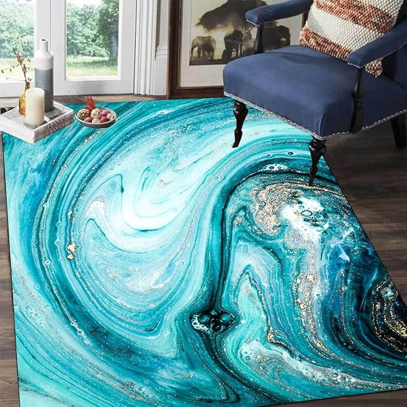 Coastal Blue Modern Abstract Area Rug For Living Room Liquid Style ...