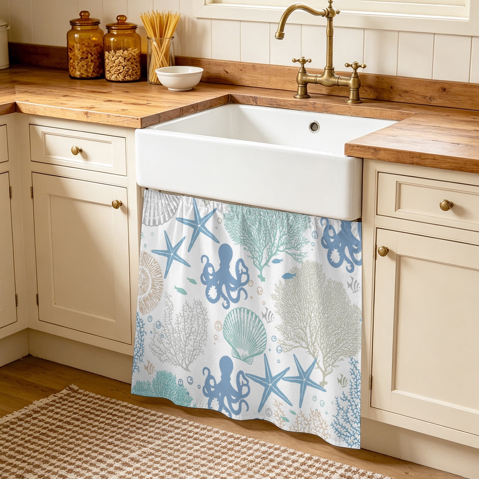 Coastal Blue Octopus Cabinet Curtain, Summer Starfish Shell Coral ...