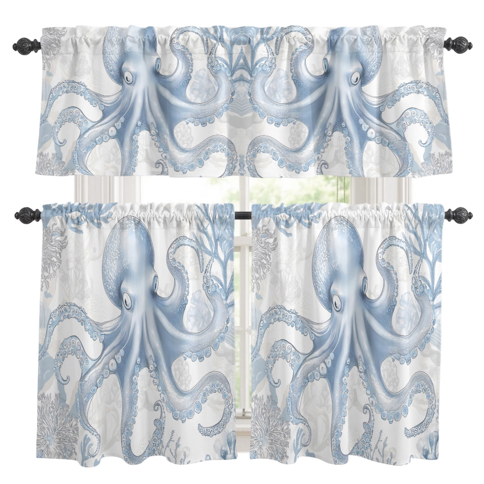 Coastal Blue Octopus Kitchen Curtains Set for Windows, Vintage Summer ...
