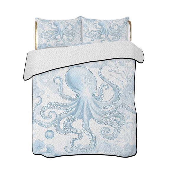 Coastal Blue Octopus Quilts Bedding Set King Size Vintage Summer Ocean ...
