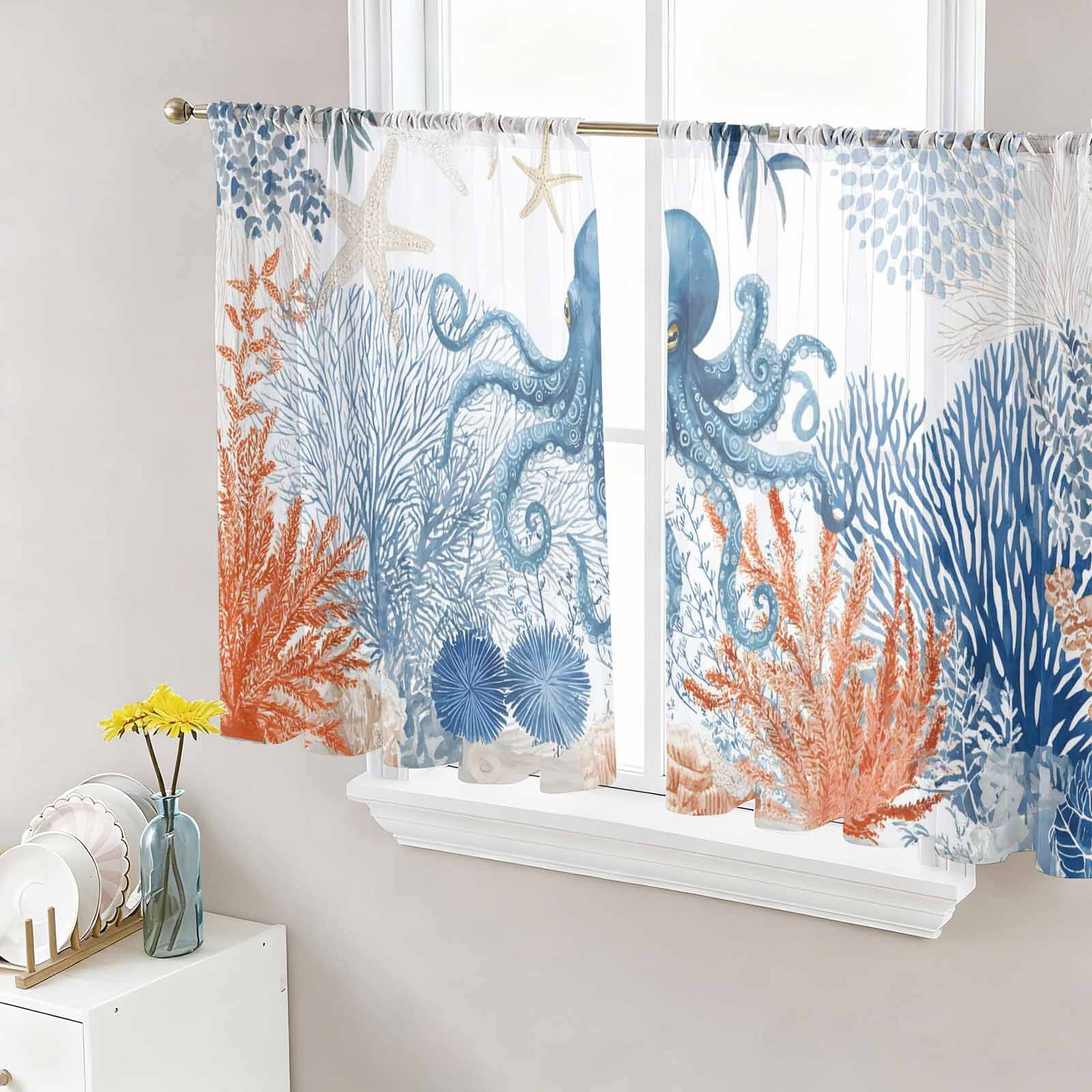 Coastal Blue Octopus Sheer Curtains for Living Room Bedroom Summer ...