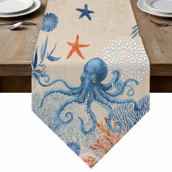 Coastal Blue Octopus Table Runner Linen Burlap Table Runner 72 Inches ...
