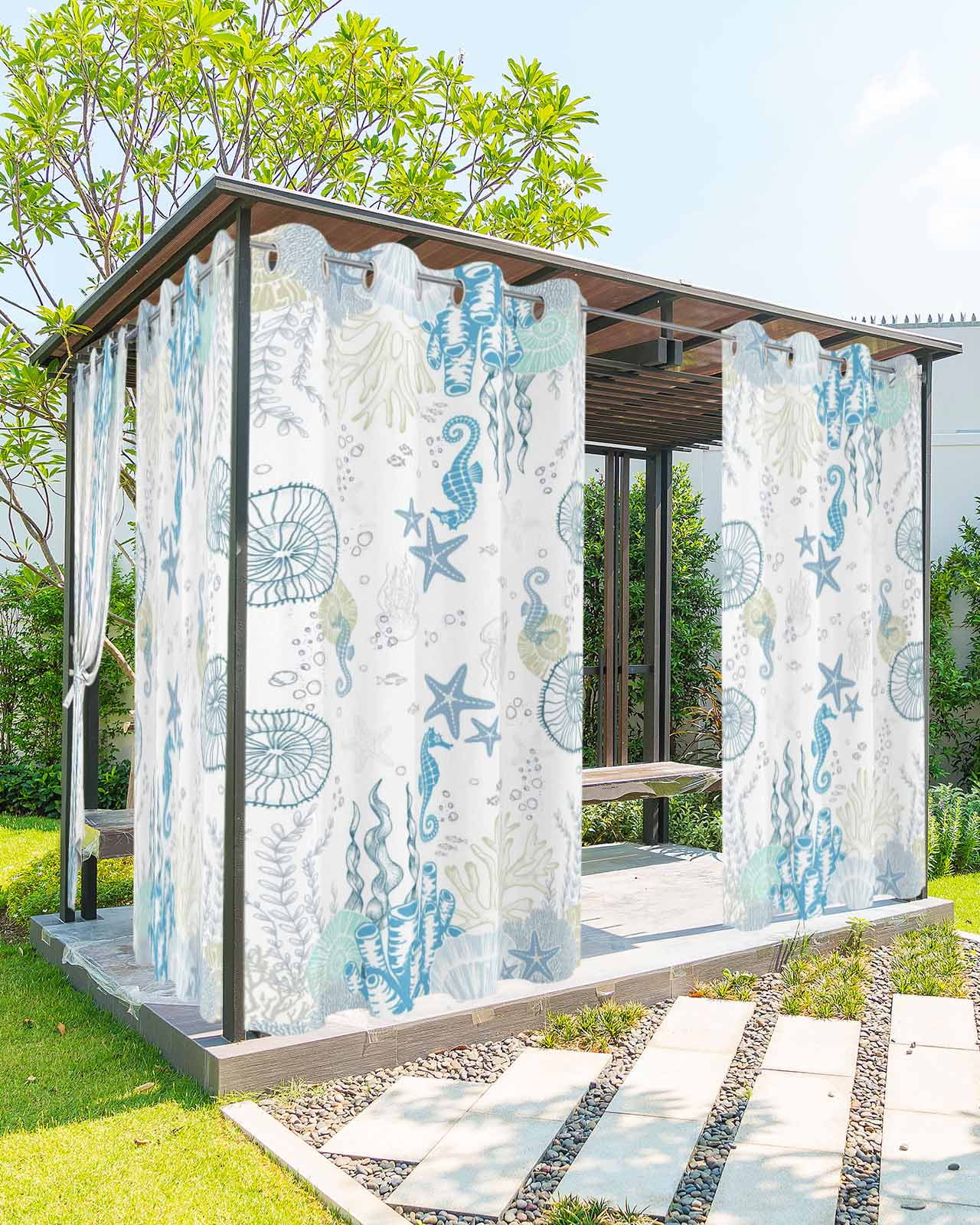 Coastal Blue Outdoor Curtains for Patio Waterproof,Ocean Coral Starfish ...