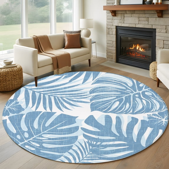 Coastal Blue Palm Leaves 6FT Round Area Rugs for Living Room Tropical ...