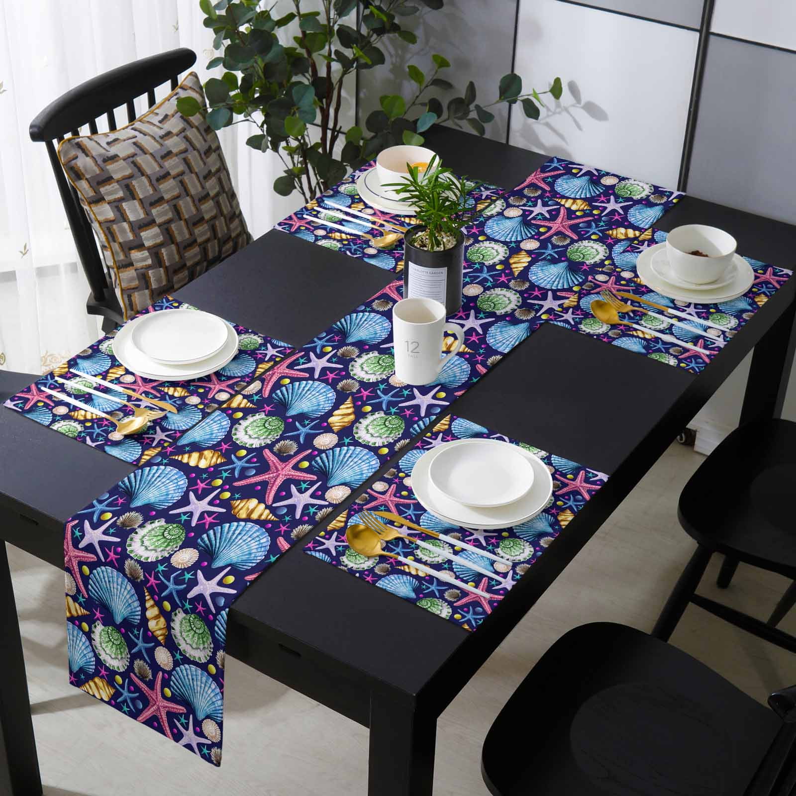 Coastal Blue Placemats Set of 6 with 70 Inches Long Table Runners,Ocean ...