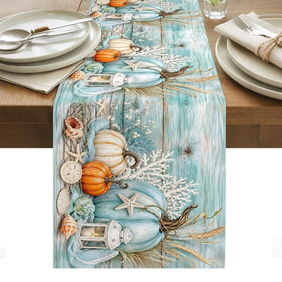 Coastal Blue Pumpkin Table Runner, Fall Coral Starfish Shabby Chic Wood ...