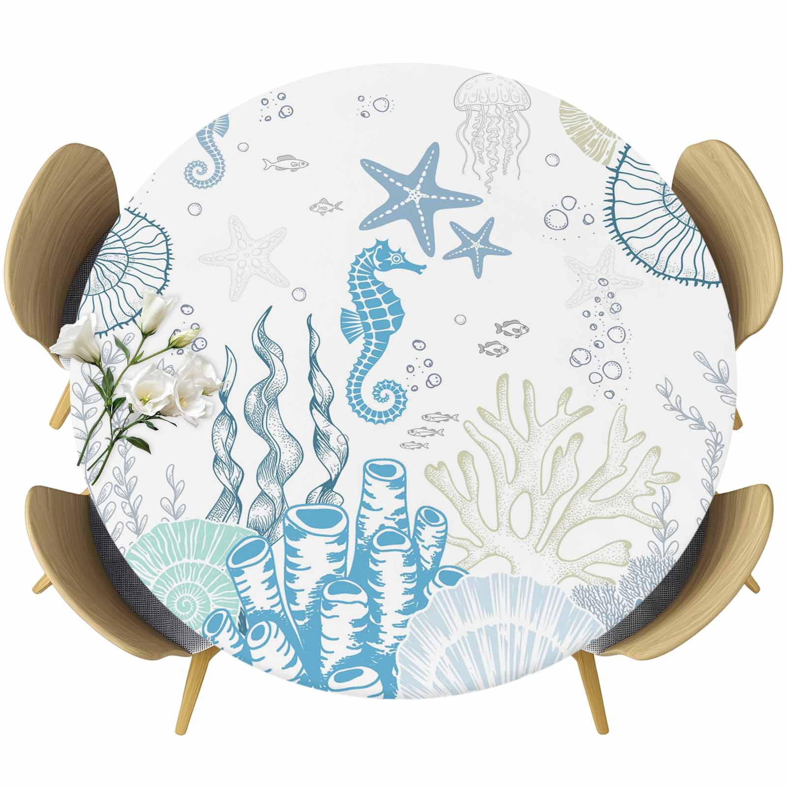 Coastal Blue Round Tablecloth, Fitted Table Cover with Elastic for 55 ...