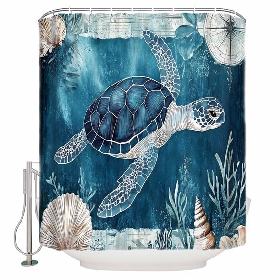 Coastal Blue Sea Turtle Bathroom Shower Curtains with 12 Hooks ...
