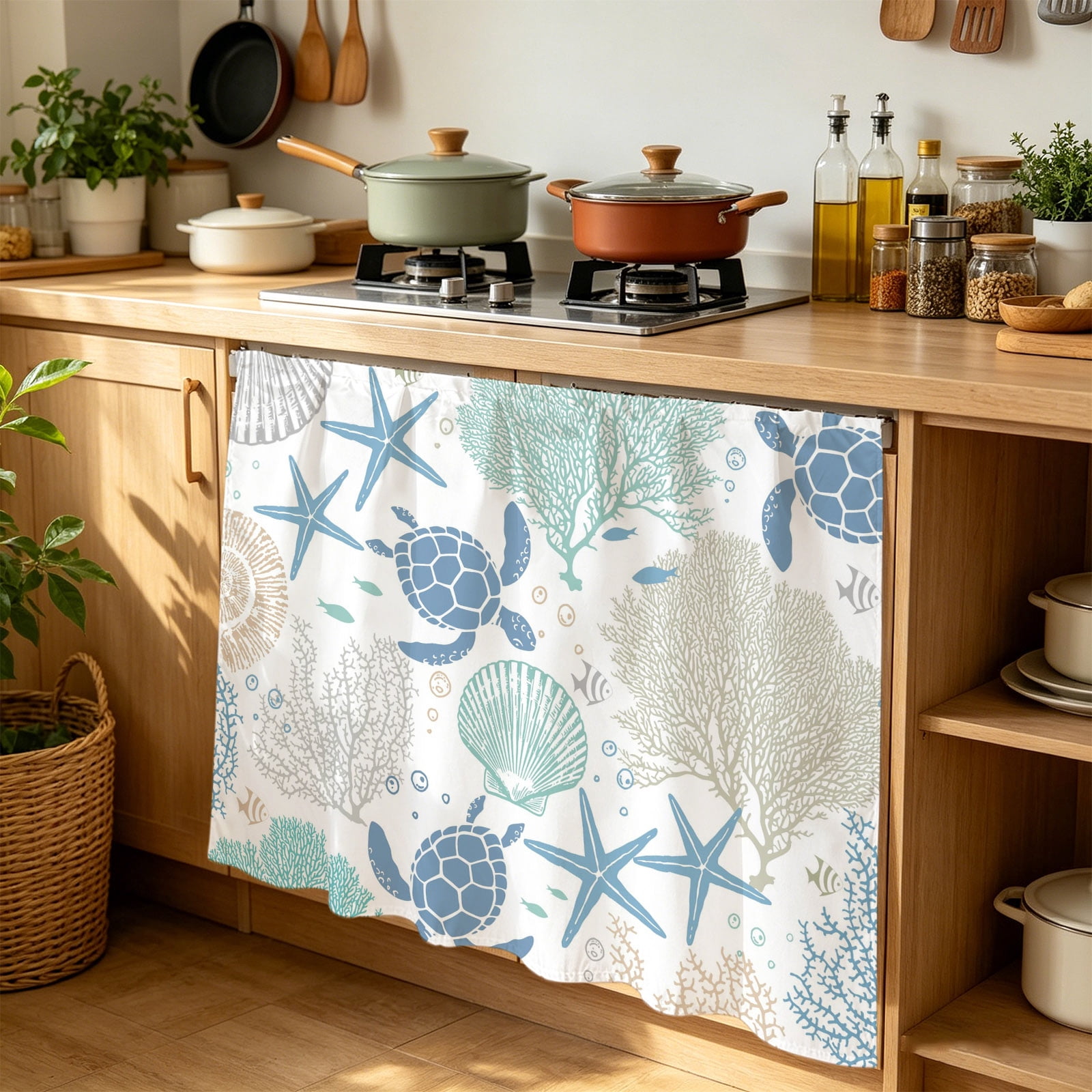 Coastal Blue Sea Turtle Cabinet Curtains 35" W x 35" L, Starfish Shell ...