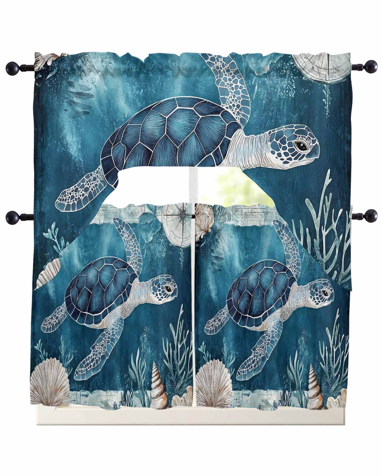 Coastal Blue Sea Turtle Kitchen Curtains Swag Valance and Tier Curtains ...