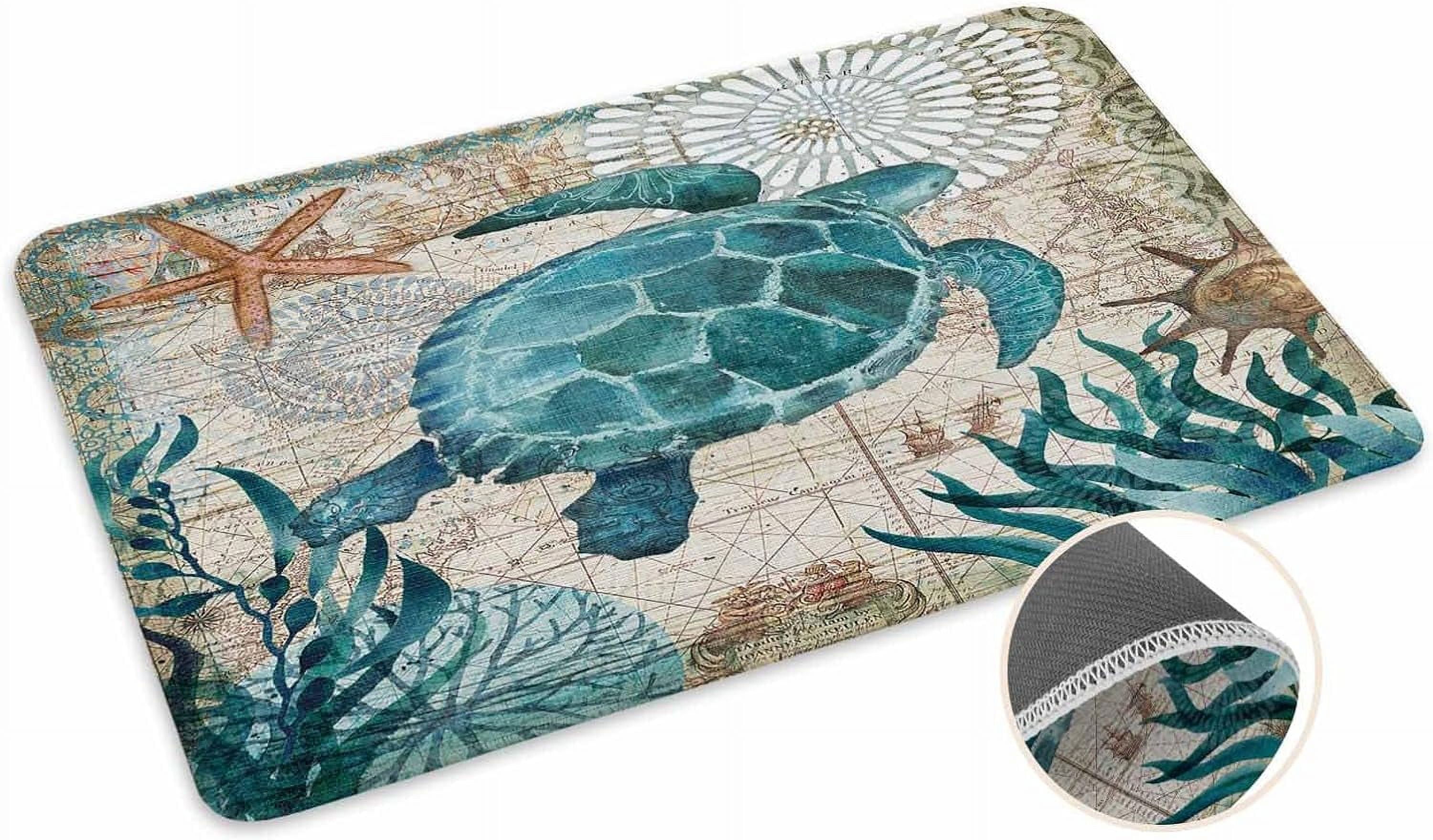 Coastal Blue Sea Turtle Nautical Map Doormat Indoor Outdoor Welcome Mat ...