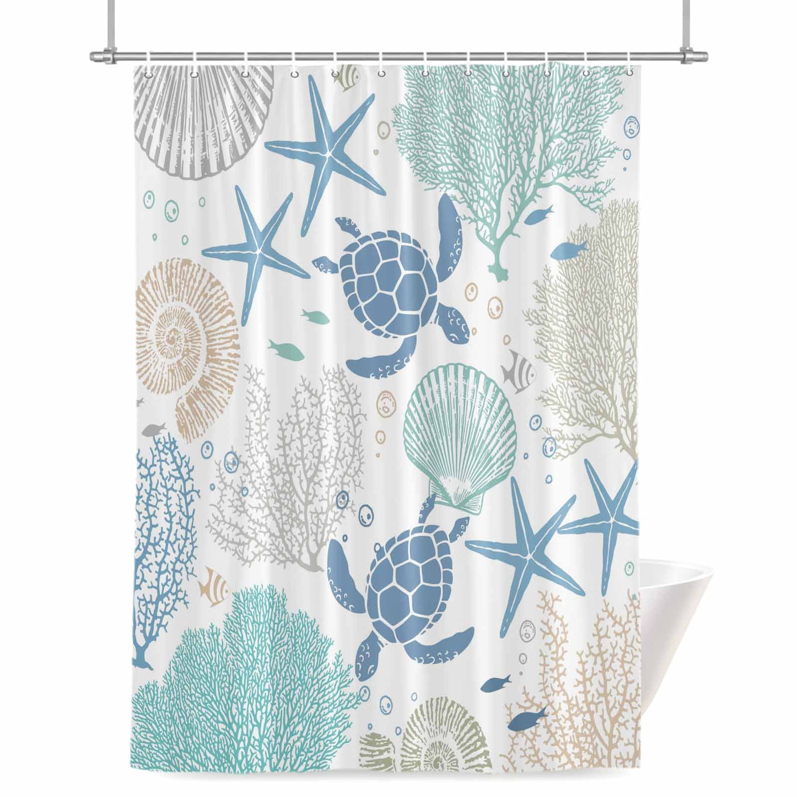 Coastal Blue Sea Turtle Shower Curtain, Starfish Shell Coral Nautical ...