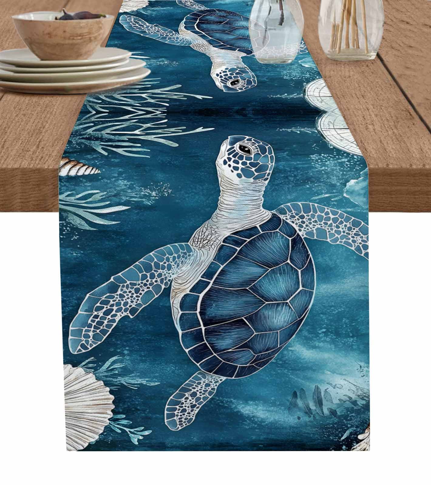 Coastal Blue Sea Turtle Table Runner 72 Inches, Summer Nautical Ocean ...