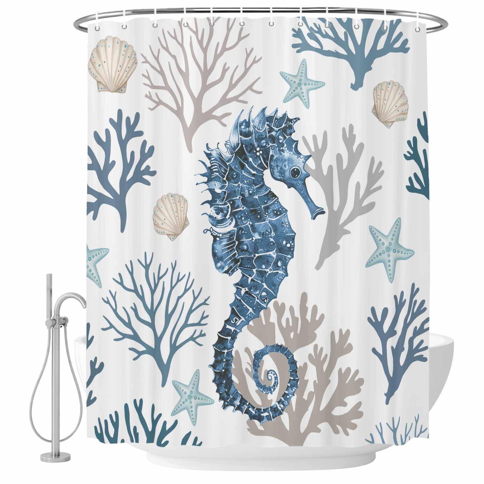 Coastal Blue Seahorse Shower Curtain Set - Small 36" x 72" Washable ...