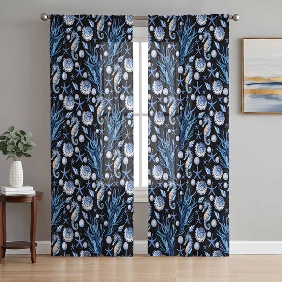 Coastal Blue Sheer Curtains 63 Inch Length 2 Panels Set, Ocean Starfish ...