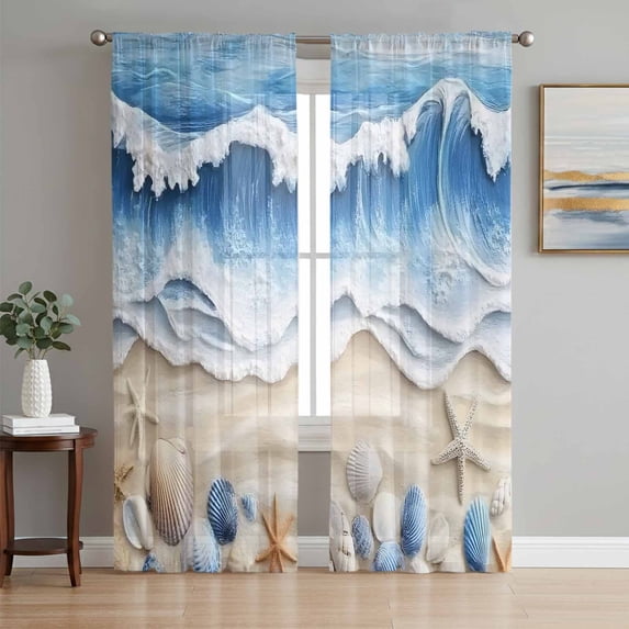 Coastal Blue Sheer Curtains 63 Inch Length 2 Panels Set, Starfish Beach ...