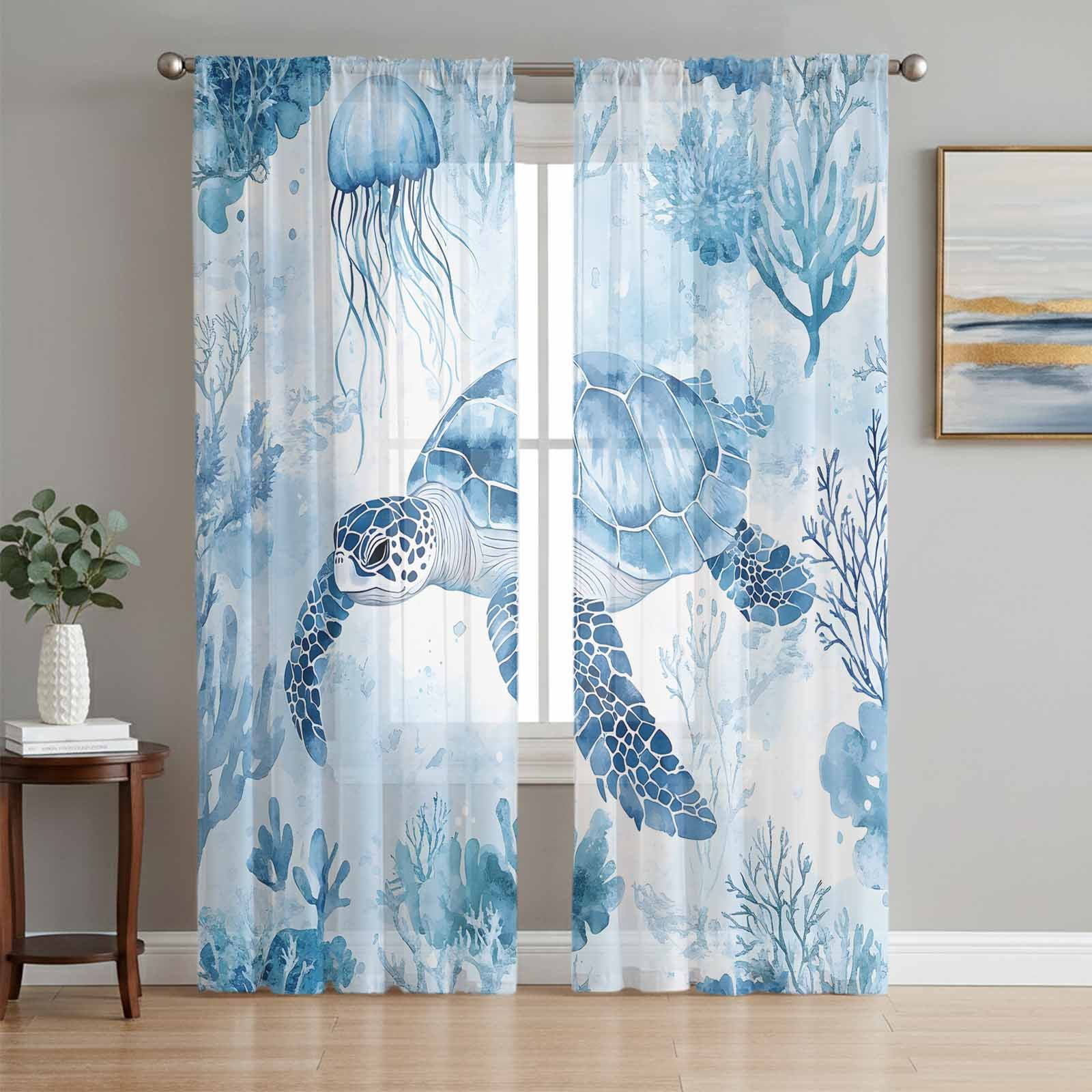Coastal Blue Sheer Curtains 72 Inch Length 2 Panels Set, Beach ...