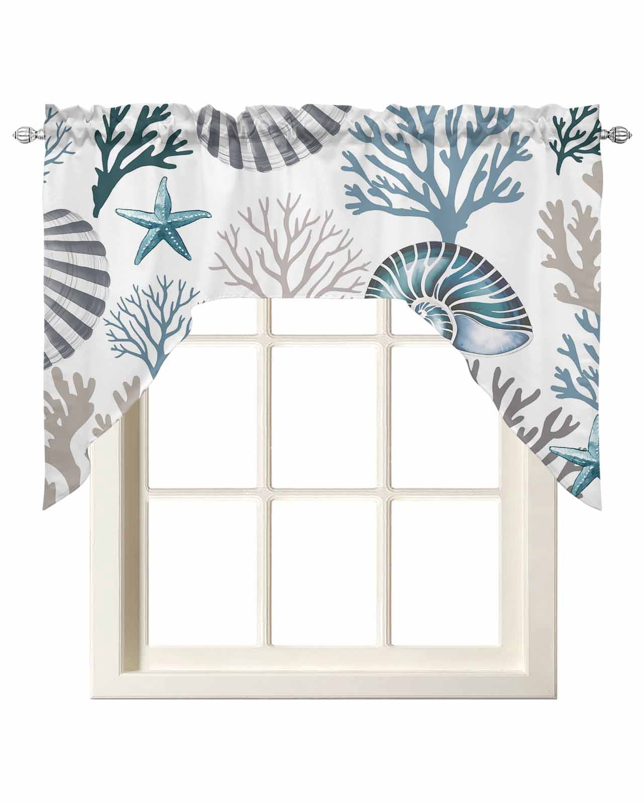 Coastal Blue Shells Kitchen Swag Valances for Windows, Summer Ocean ...