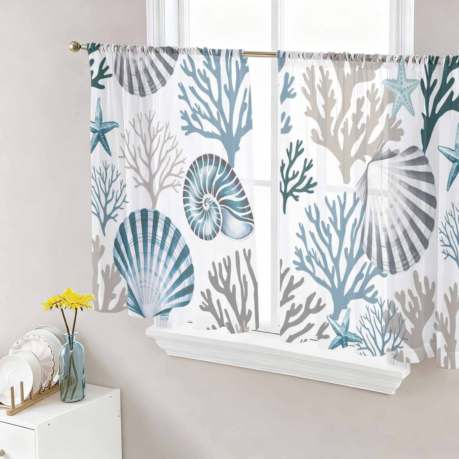 Coastal Blue Shells Sheer Curtains 45 Inch Length 2 Panels Set, Summer ...