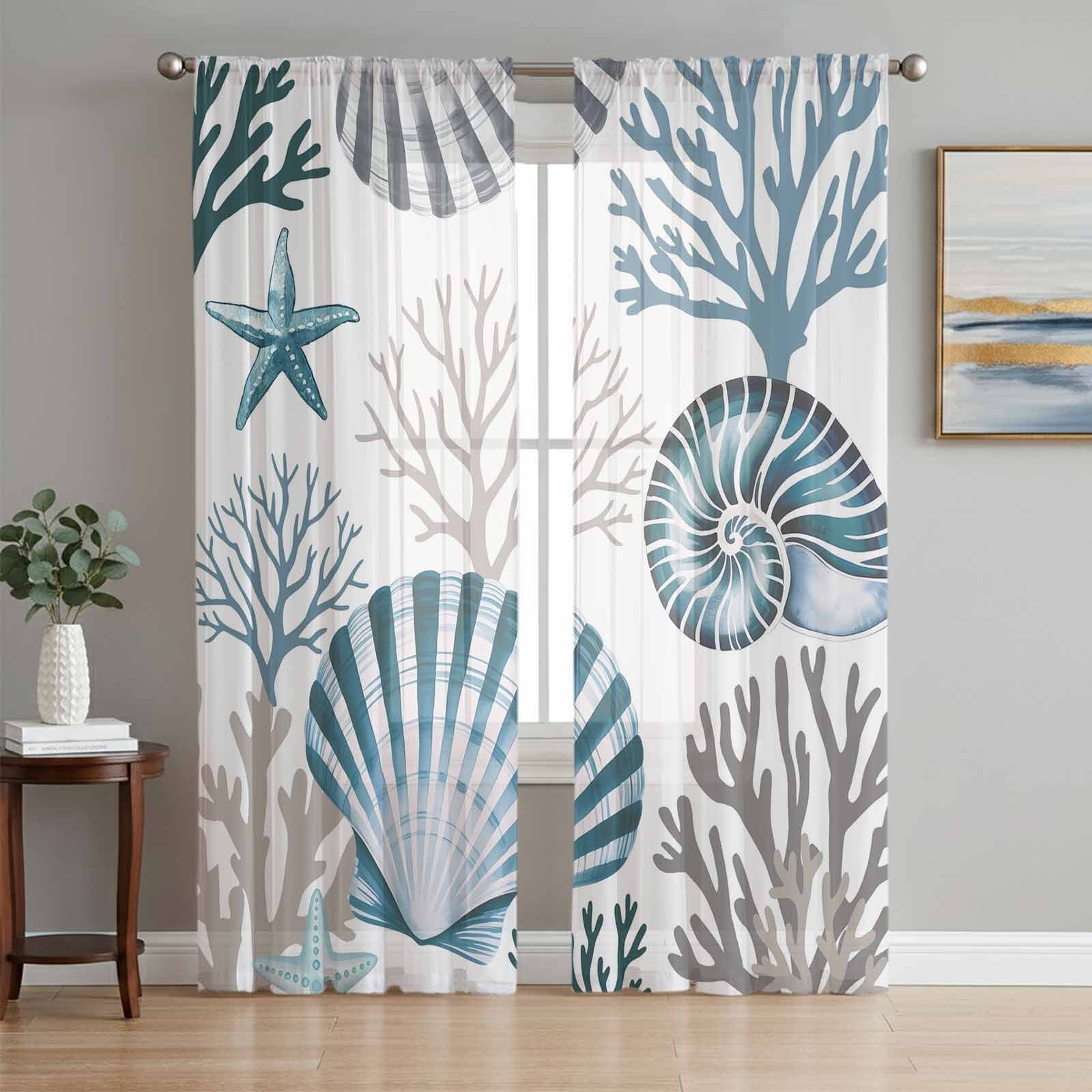 Coastal Blue Shells Sheer Curtains for Living Room Bedroom Summer Ocean ...