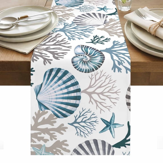 Coastal Blue Shells Table Runner Summer Ocean Coral Onch Beach Starfish ...