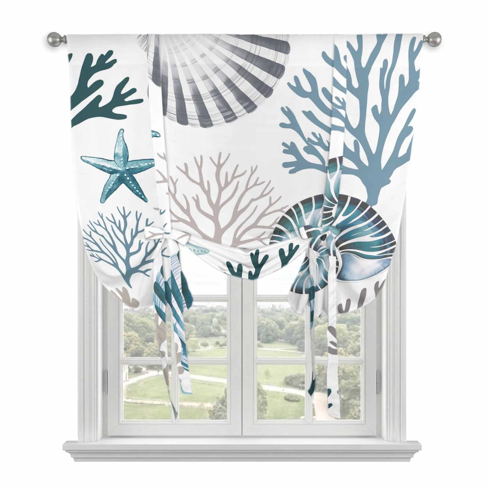 Coastal Blue Shells Tie Up Curtains for Window, Thermal Insulated ...
