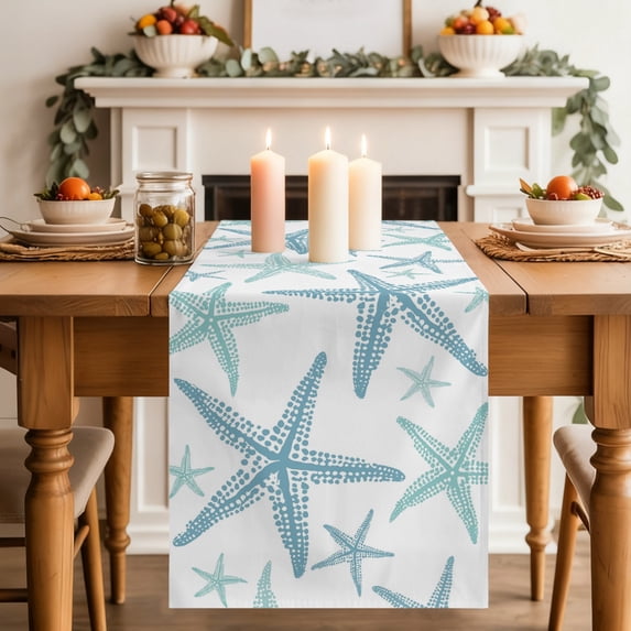Coastal Blue Starfish Dining Table Runner, Nautical Minimalist Ocean ...