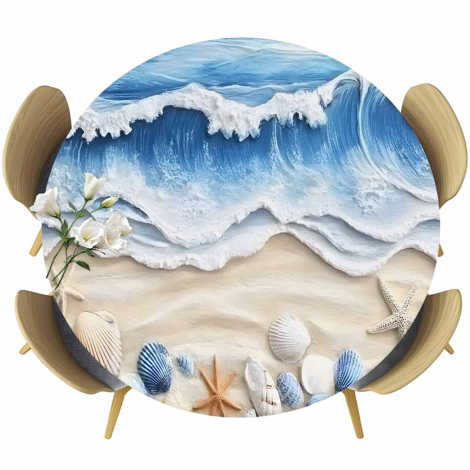Coastal Blue Table Cloth, Round Fitted Tablecloths with Elastic Edge ...