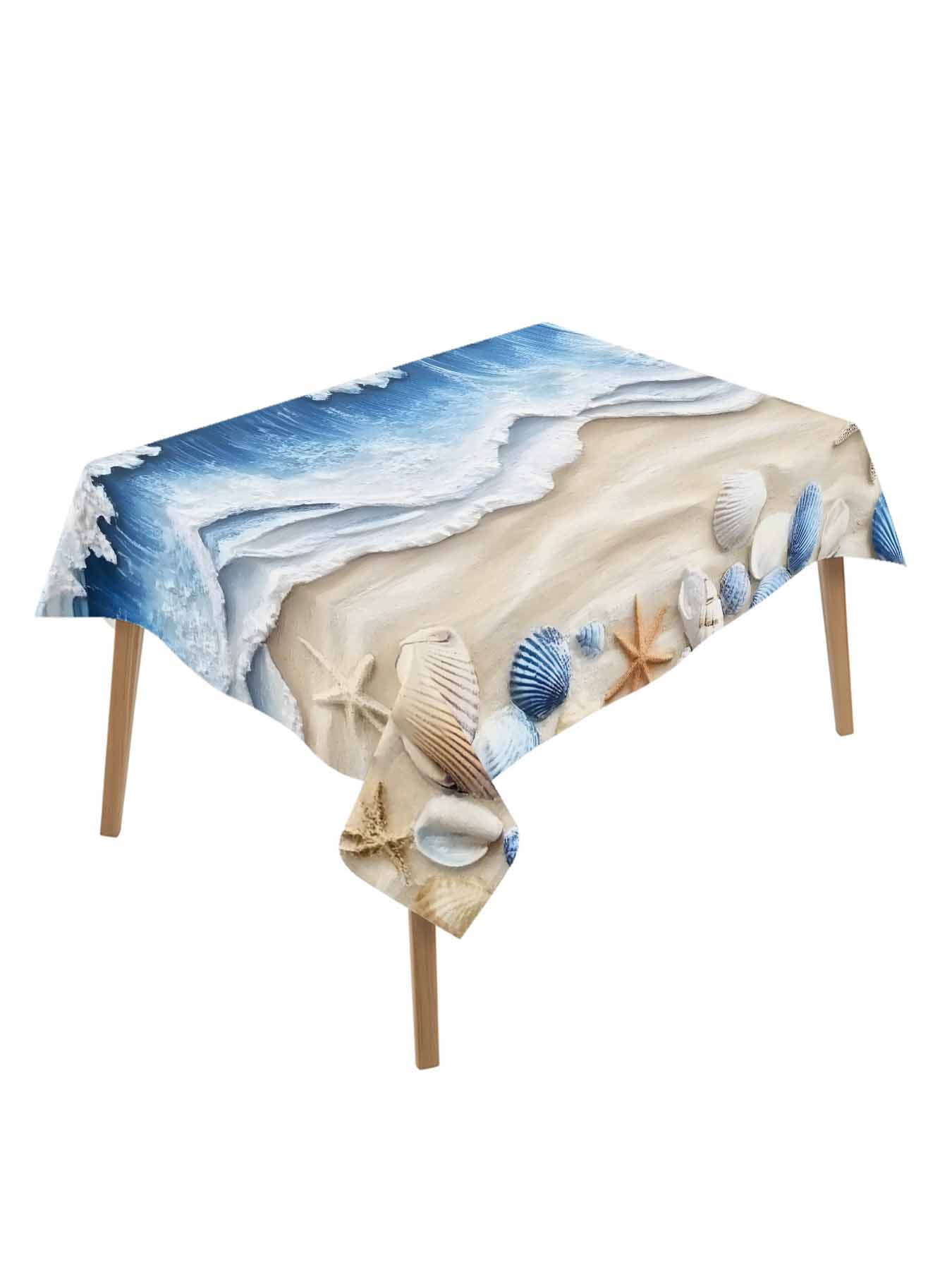 Coastal Blue Table Cloth, Starfish Beach Ocean Shell Sand Painting ...
