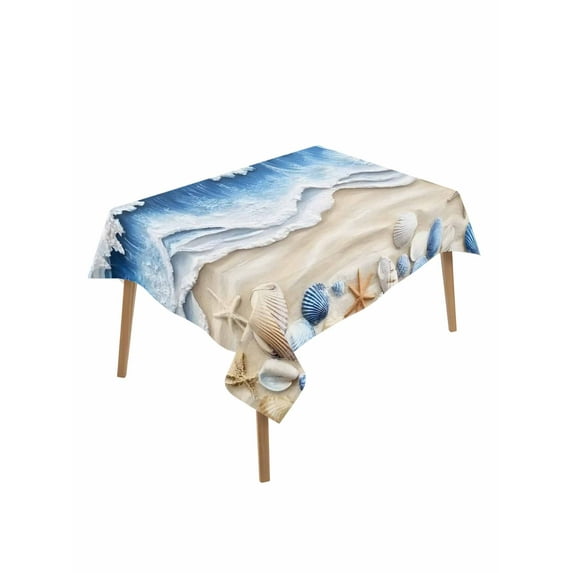 Coastal Blue Table Cloth, Starfish Beach Ocean Shell Sand Painting ...