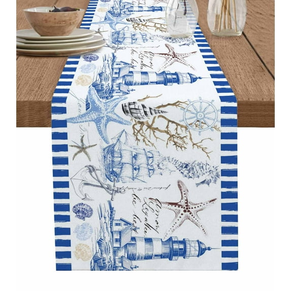 Coastal Blue Table Runner 72 Inches, Ocean Nautical Lighthouse Starfish ...