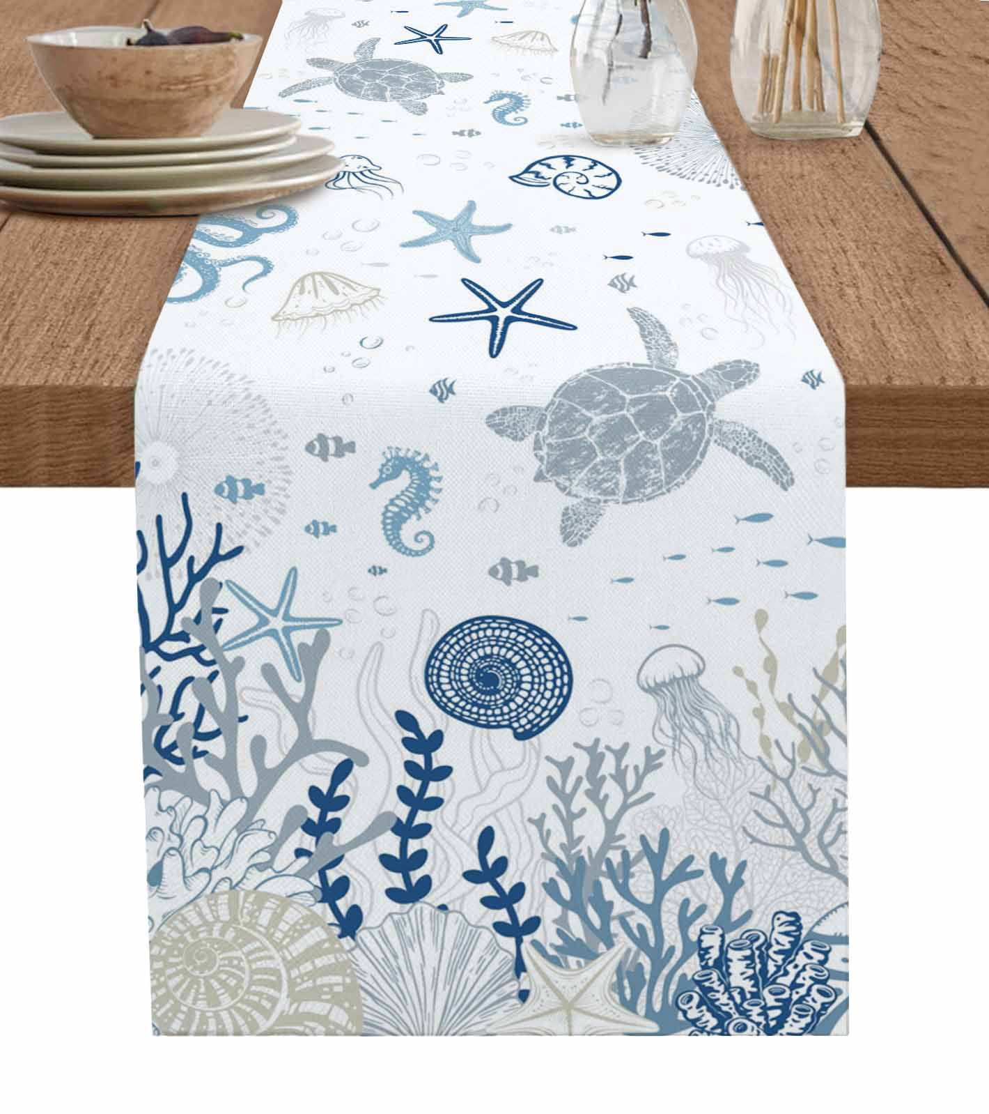 Coastal Blue Table Runner 72 Inches, Ocean Turtle Coral Starfish ...
