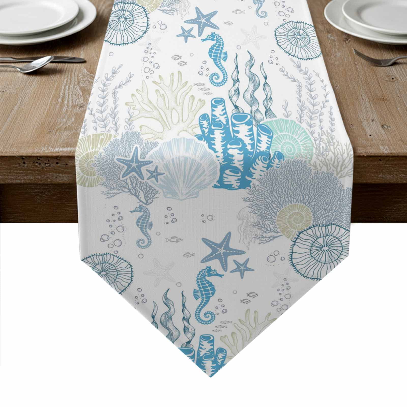 Coastal Blue Table Runner Linen Burlap Table Runner 60 Inches Long ...