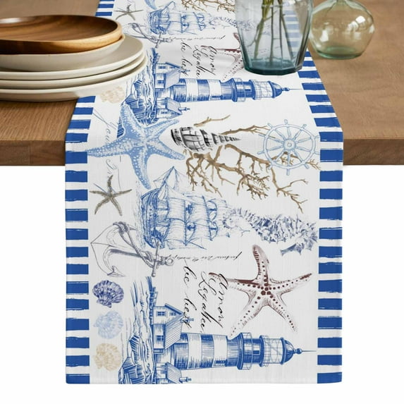 Coastal Blue Table Runner, Ocean Nautical Lighthouse Starfish Anchor ...