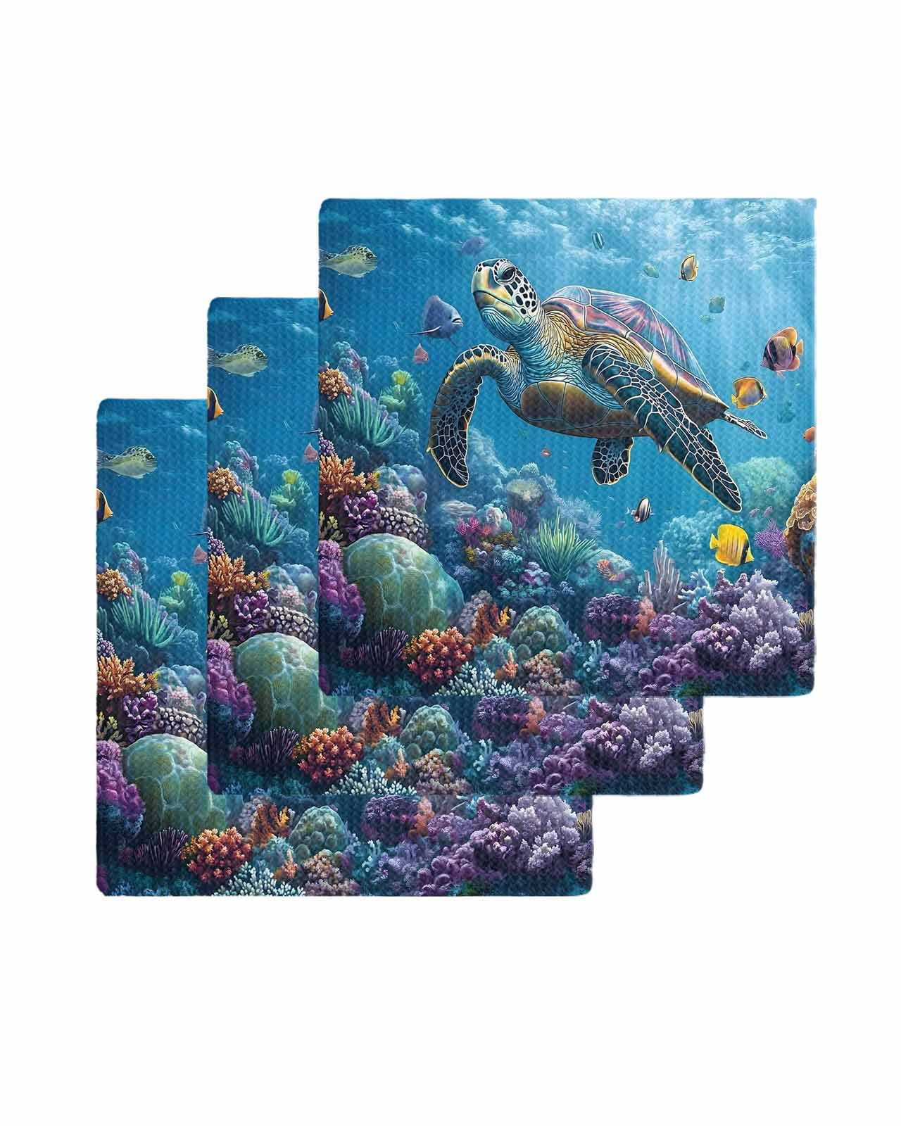 Coastal Blue Turtle Kitchen Dish Towels for Drying Dishes Set of 3 ...