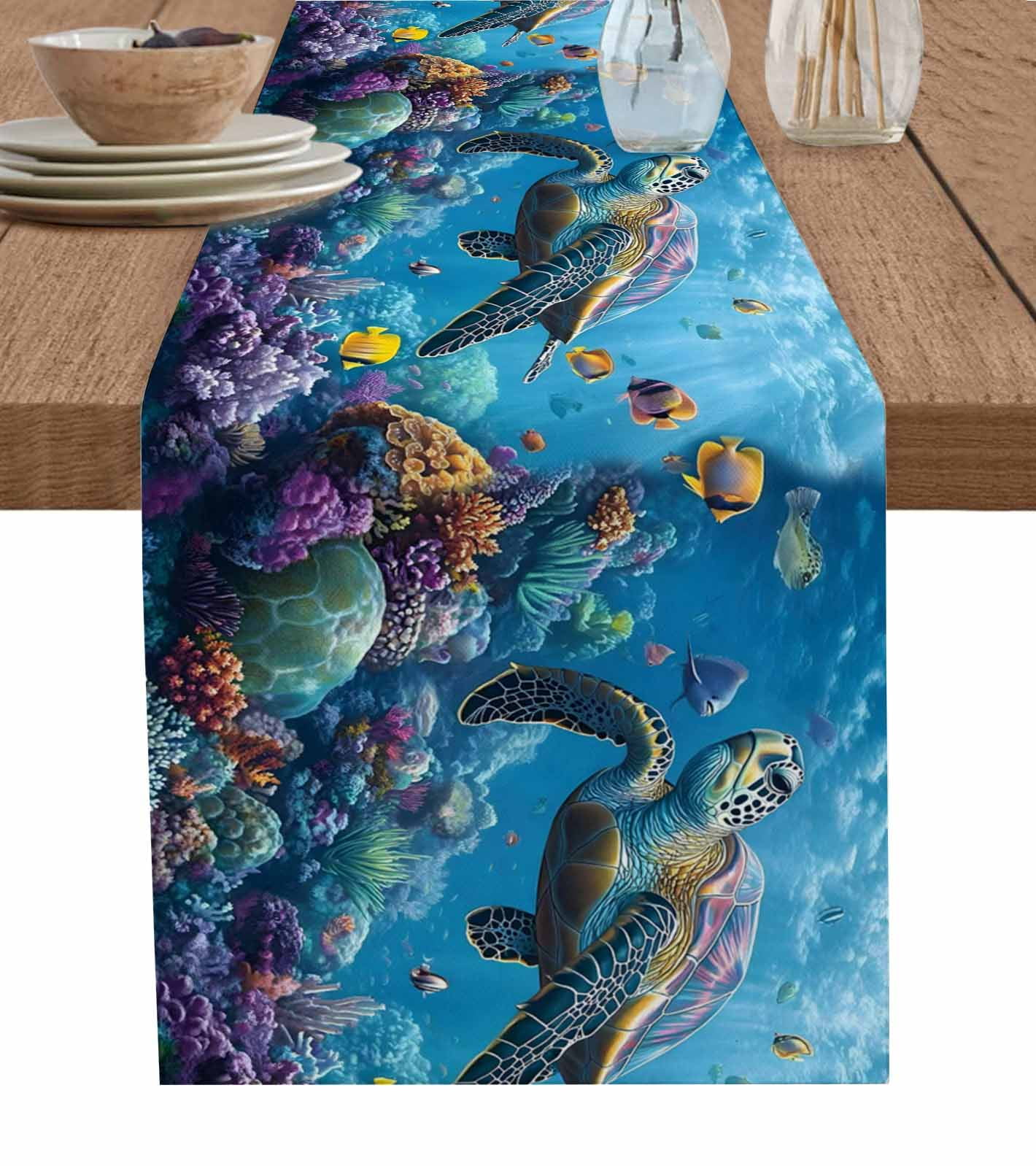 Coastal Blue Turtle Table Runner 70 Inches, Tropical Ocean Animal Coral ...
