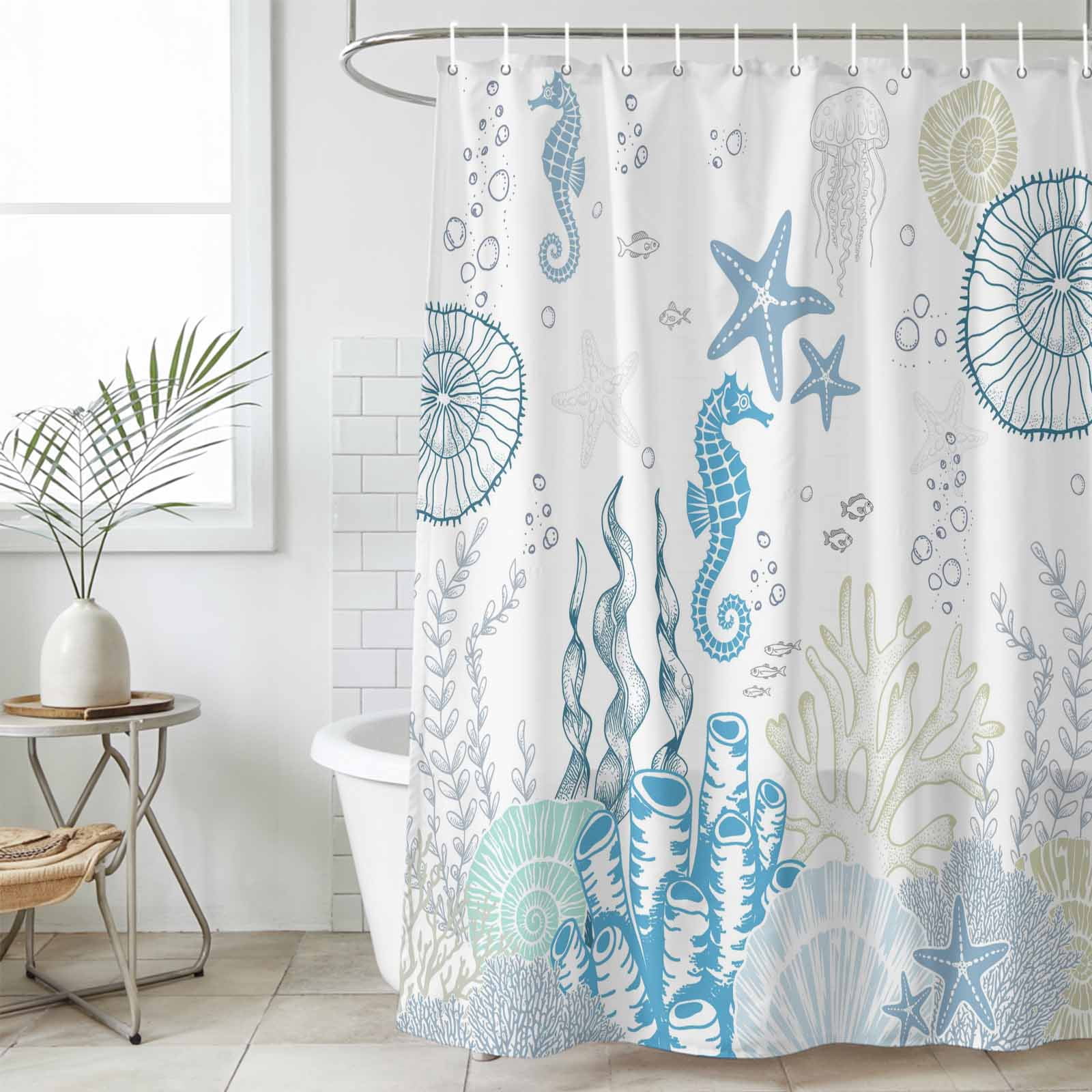 Coastal Blue Waterproof Fabric Shower Curtain,Ocean Coral Starfish ...