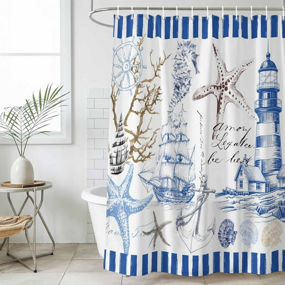 Coastal Blue Waterproof Fabric Shower Curtain,Ocean Nautical Lighthouse ...