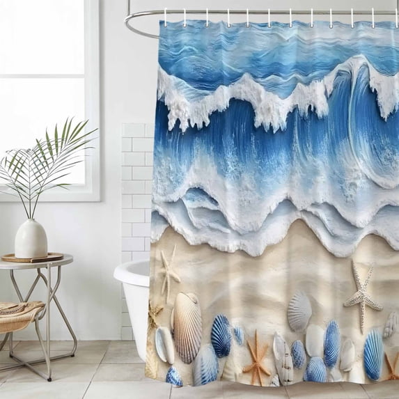 Coastal Blue Waterproof Fabric Shower Curtain,Starfish Beach Ocean ...